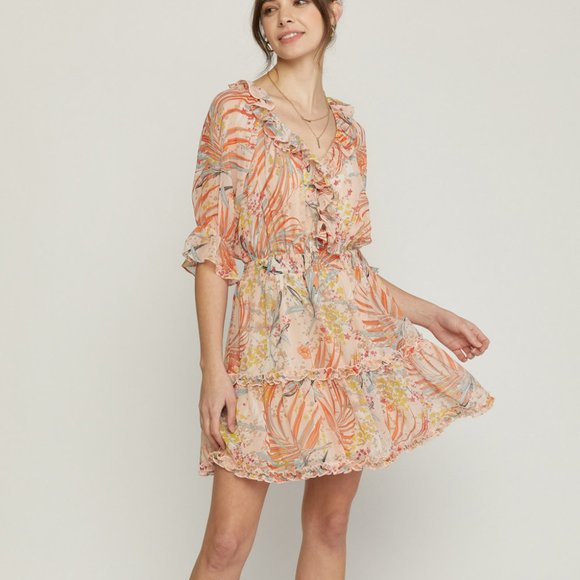 entro | Dresses | Nwt Entro Coral Print Dress With Ruffle Detail And ...